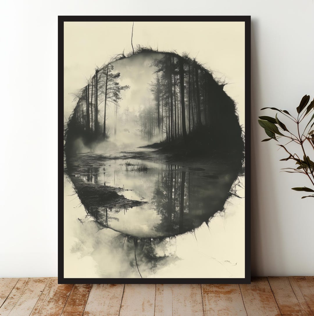 Mystical Forest Reflection Art Print - Monochrome Liminal Landscape Wall Decor - Surreal Misty ...