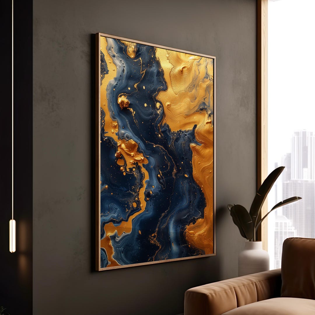 Gold Swirl Abstract Art Print: Navy Blue Metallic Canvas - Etsy