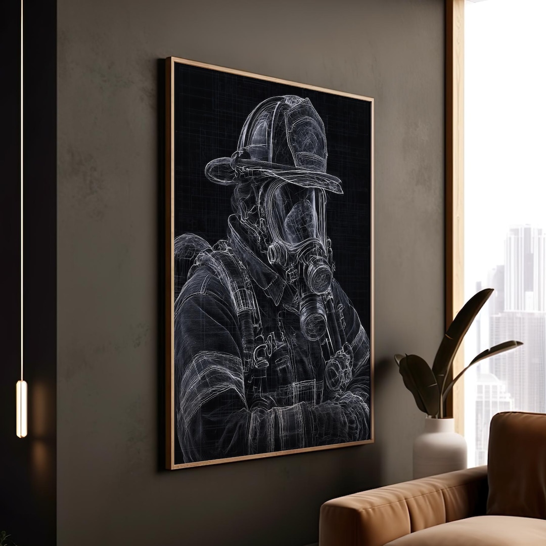 Firefighter Blueprint Art Print, White Wireframe Technical Drawing ...