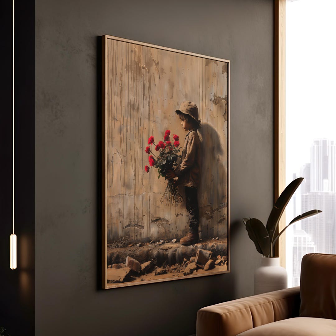 Banksy Inspired Print Boy Red Roses Modern Street Art Poster Canvas ...