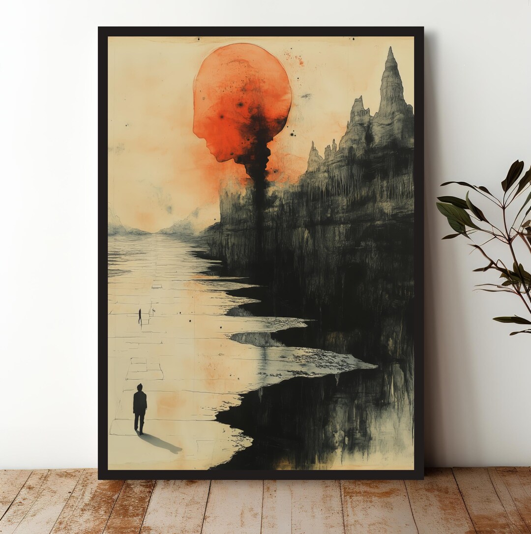 Surreal Liminal Art Print, Red Sun Silhouette in Dreamlike Landscape ...
