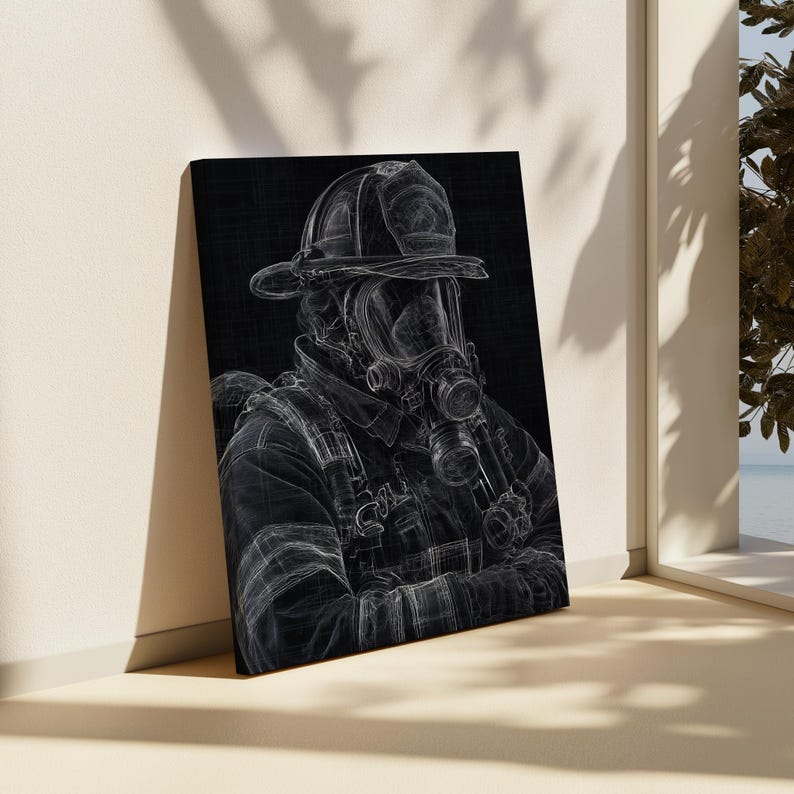 Firefighter Blueprint Art Print, White Wireframe Technical Drawing ...