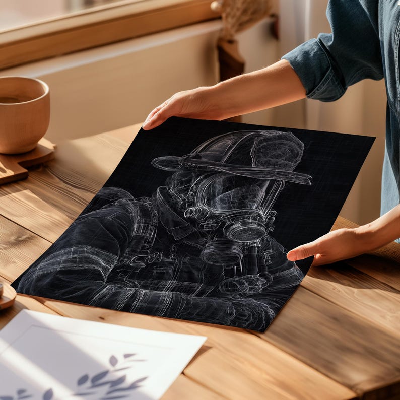 Firefighter Blueprint Art Print, White Wireframe Technical Drawing ...