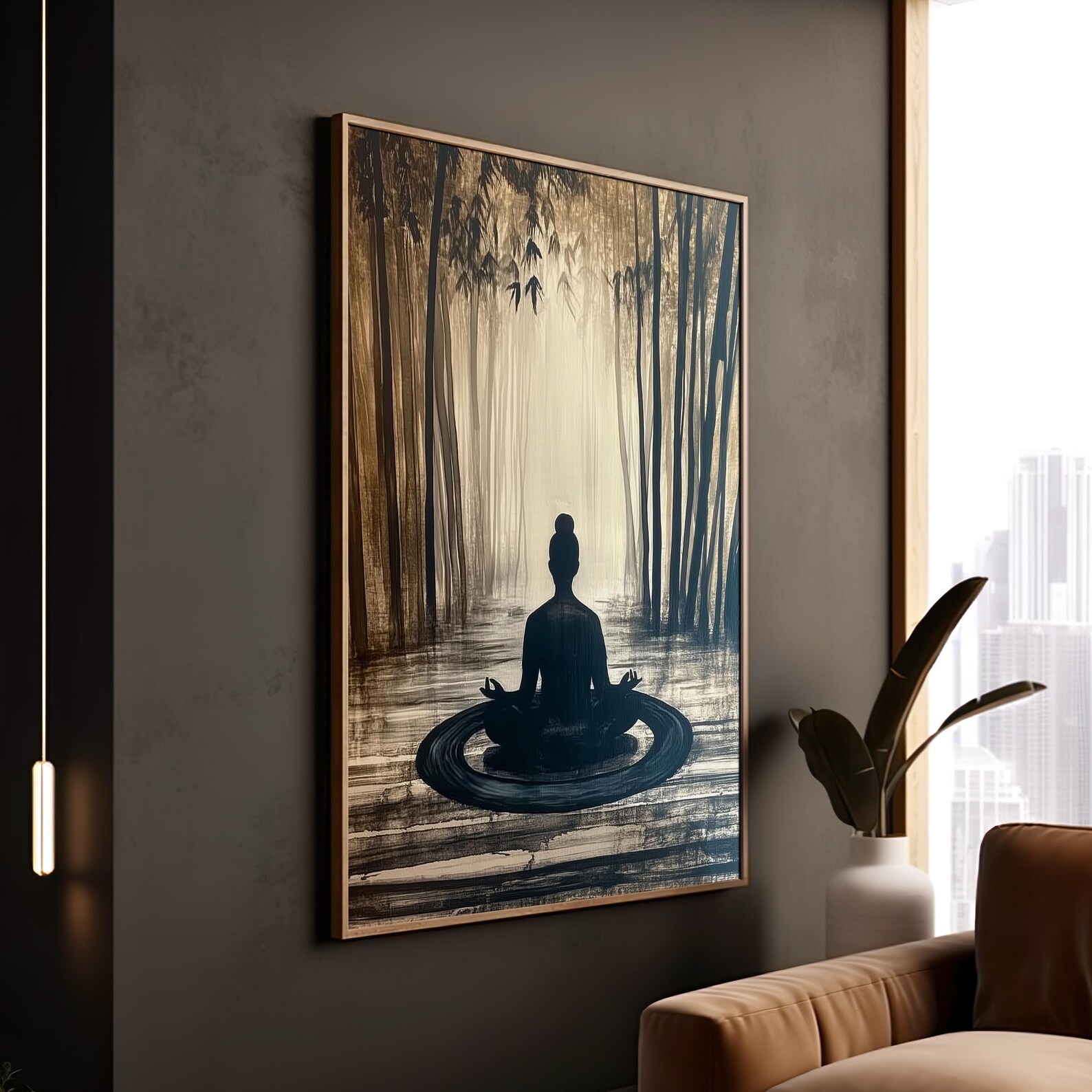 Zen Bamboo Forest Art Print: Meditating Silhouette, Sepia Nature Canvas ...
