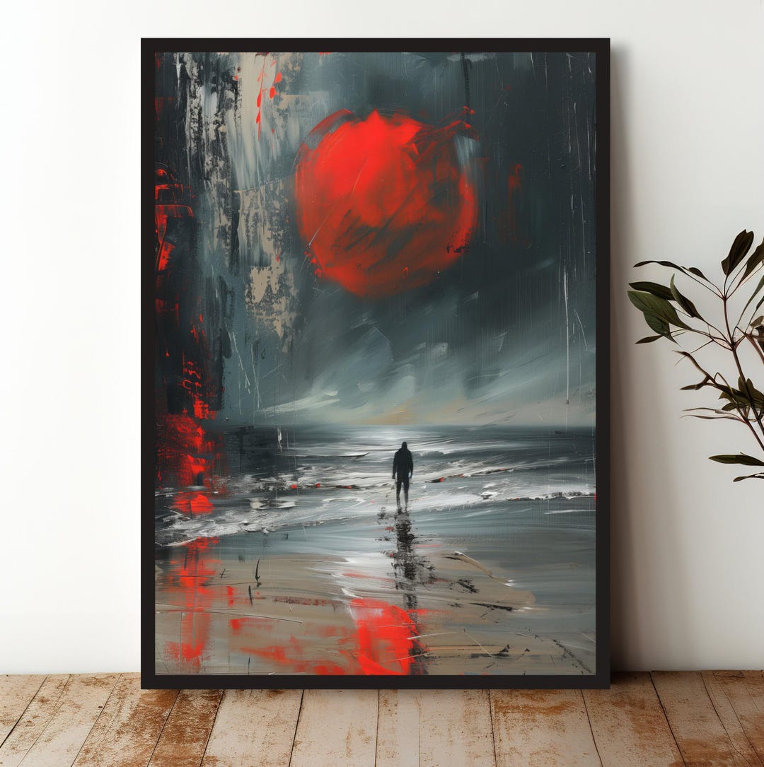 Abstract Red Moon Print Mysterious Figure Modern Grey Sky Canvas ...
