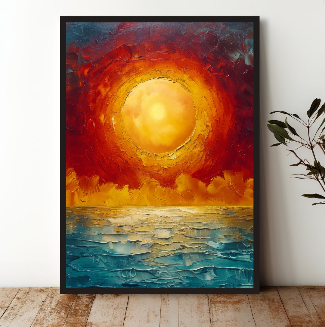 Vibrant Abstract Sun Wall Art Print Colorful Textured Ocean Sunset ...