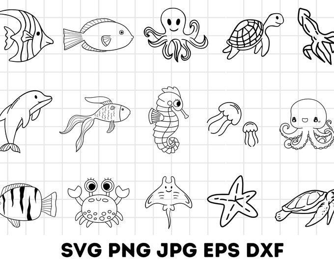 Sea Animals SVG\ Cute Fish PNG\ Shark Clip Art\ Stingray Octopus ...