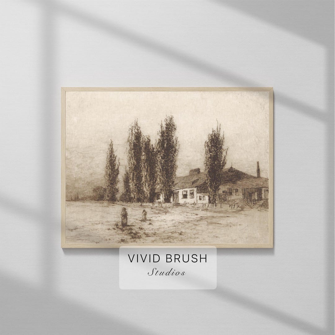 Rustic Farmhouse Sketch, Printable Rural Landscape, Vintage Country Art ...