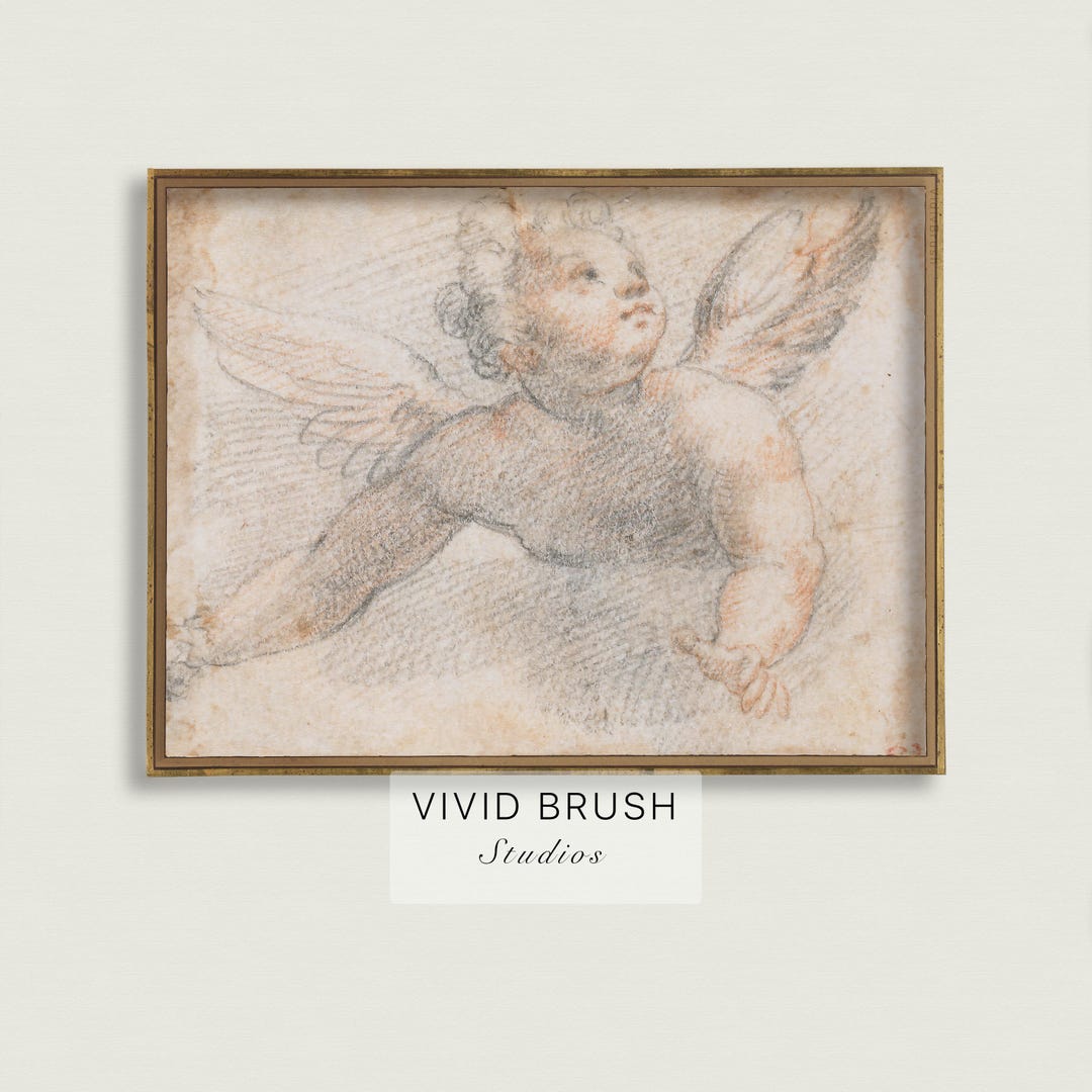 Renaissance Angel Drawing, Vintage Putto Wall Art, Soft Sepia Printable ...