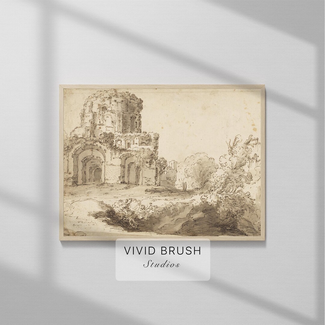 Printable Rustic Ruins Art, Antique Architecture Study, Sepia Sketch ...