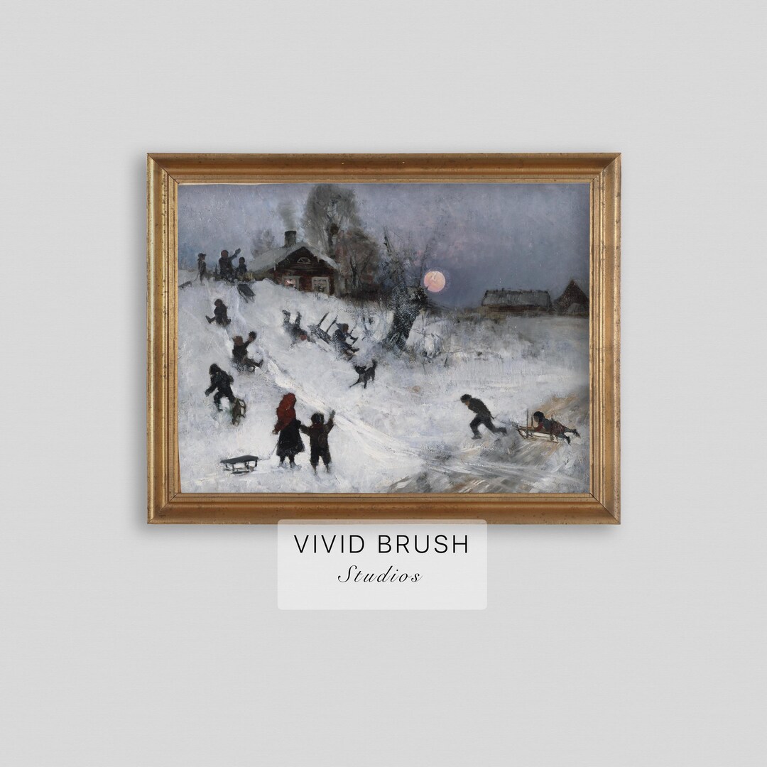 Antique Winter Night Scene, 1800s Snowy Landscape With Children Playing ...