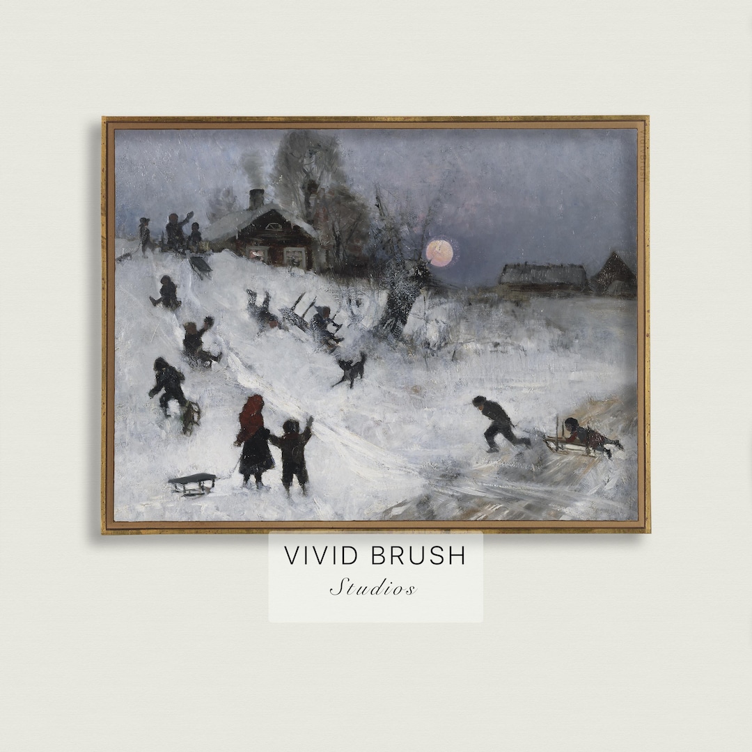 Vintage Winter Landscape Painting, 1800s Snow Scene With Children ...