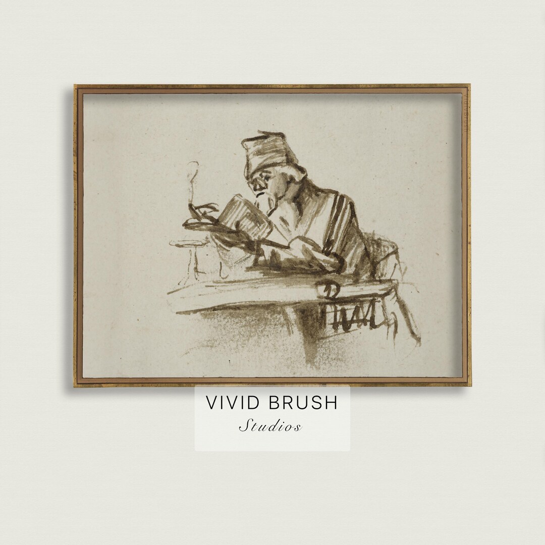 Antique 1600s Charcoal Sketch Art Print, Old Man Reading for Study and ...