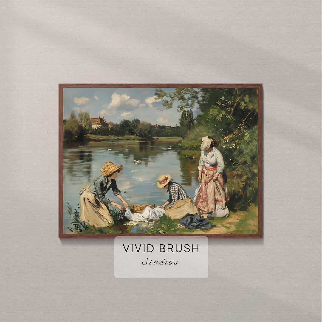 Rustic Riverside Laundry Day Classic Pastoral Scene Digital Art Vintage ...