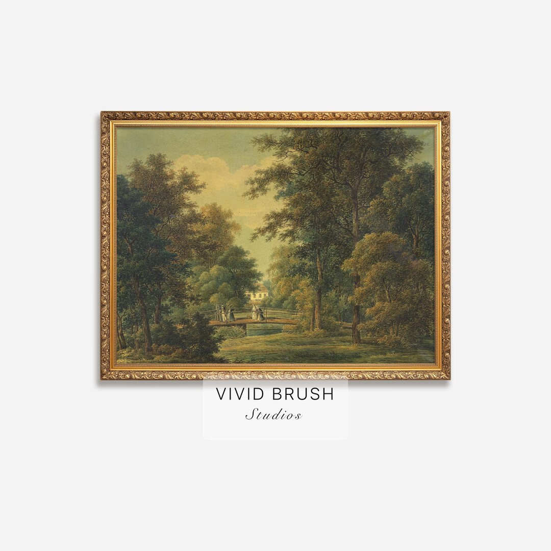 Historic Woodland Scene, Classic Forest Bridge Art, Antique Green ...