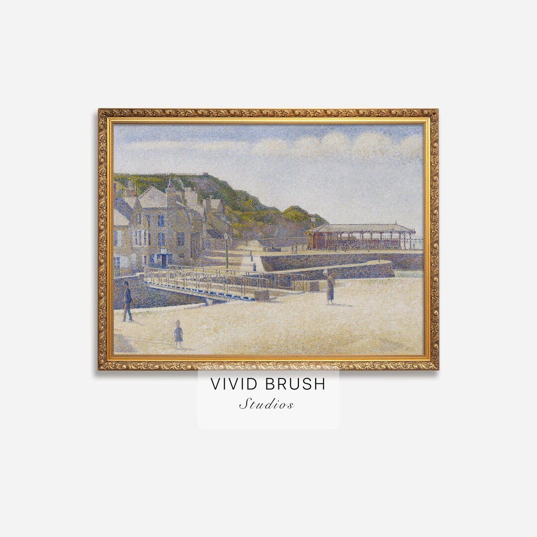 French Pointillism Coastal Scene, Vintage 1800s Village Art, Printable ...