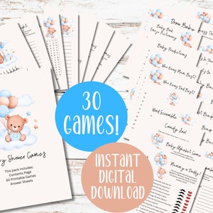 Baby Shower Game Bundle, Blue Teddy Bears, Baby Boy, Gender, 30 Games, Hot Air Balloons, Instant ...