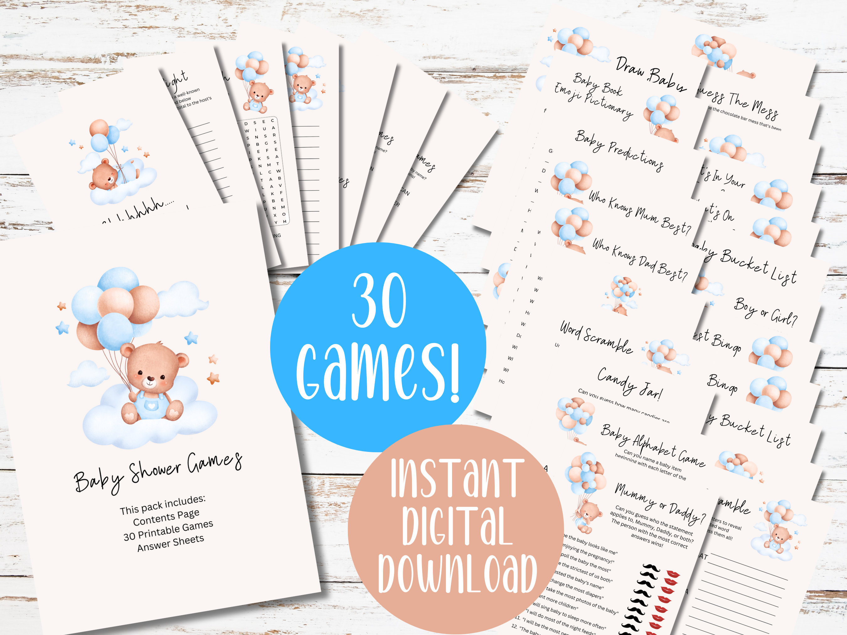 Baby Shower Game Bundle, Blue Teddy Bears, Baby Boy, Gender, 30 Games ...