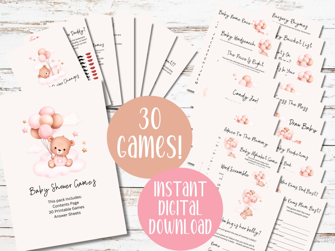 Baby Shower Game Bundle, Pink Teddy Bears, Baby Girl, Gender, 30 Games ...