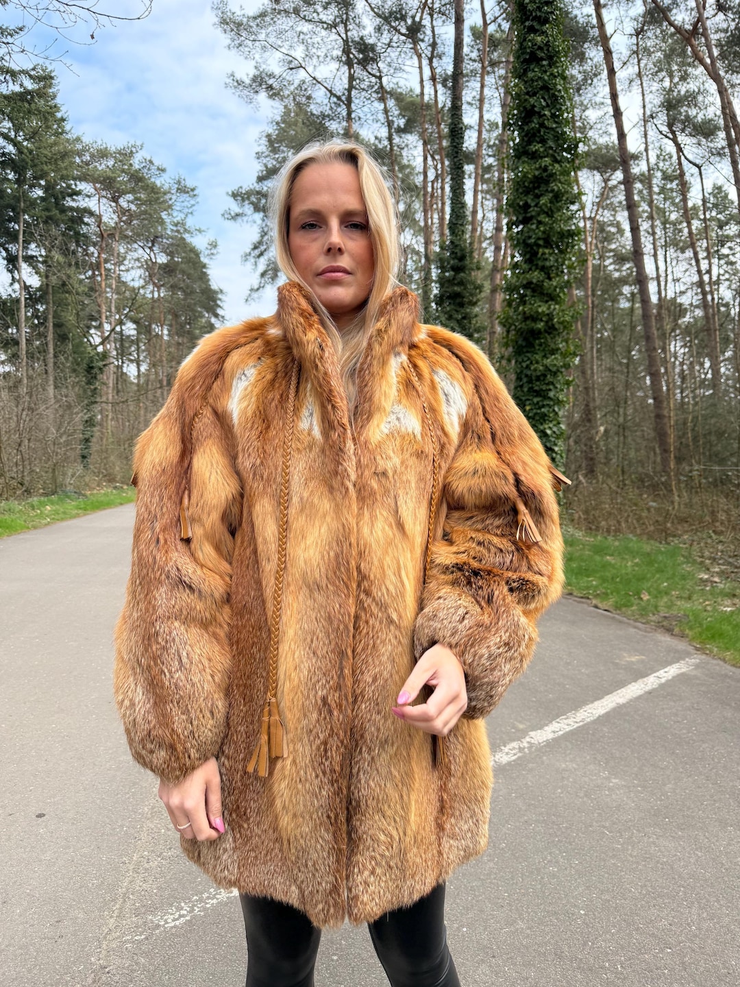 Veste en fourrure de renard roux avec doublure dorée, taille M/L, vraie ...