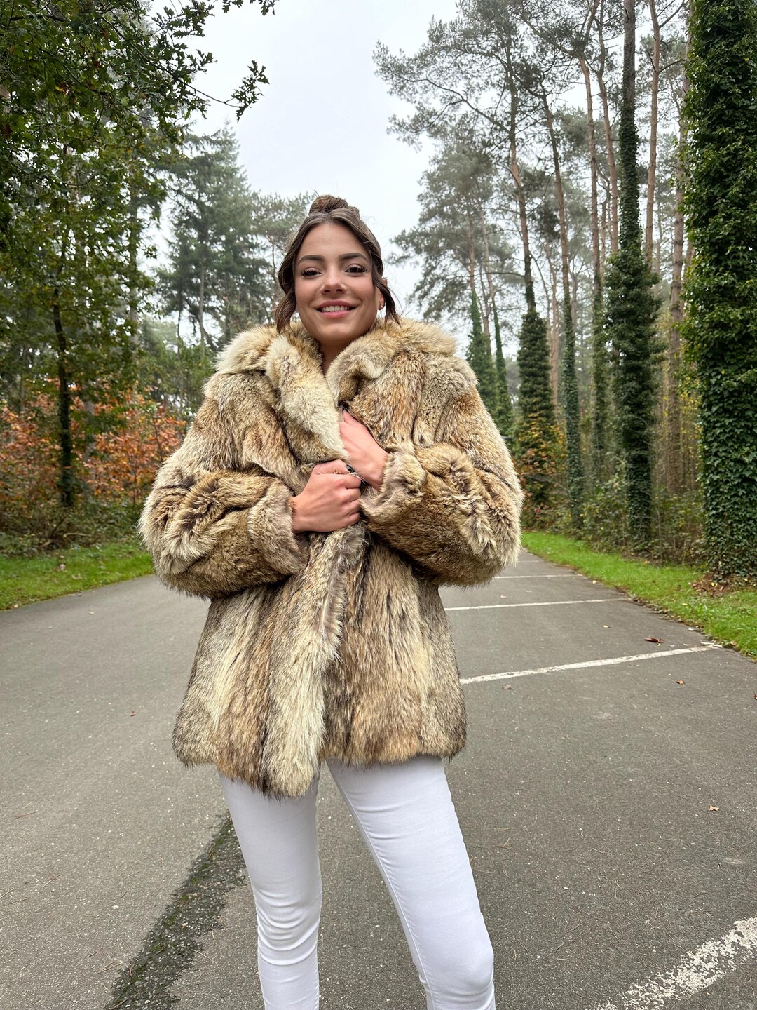 Coyote Fur Jacket With Golden Lining, M/L Size, Real Coyote Fur Jacket ...
