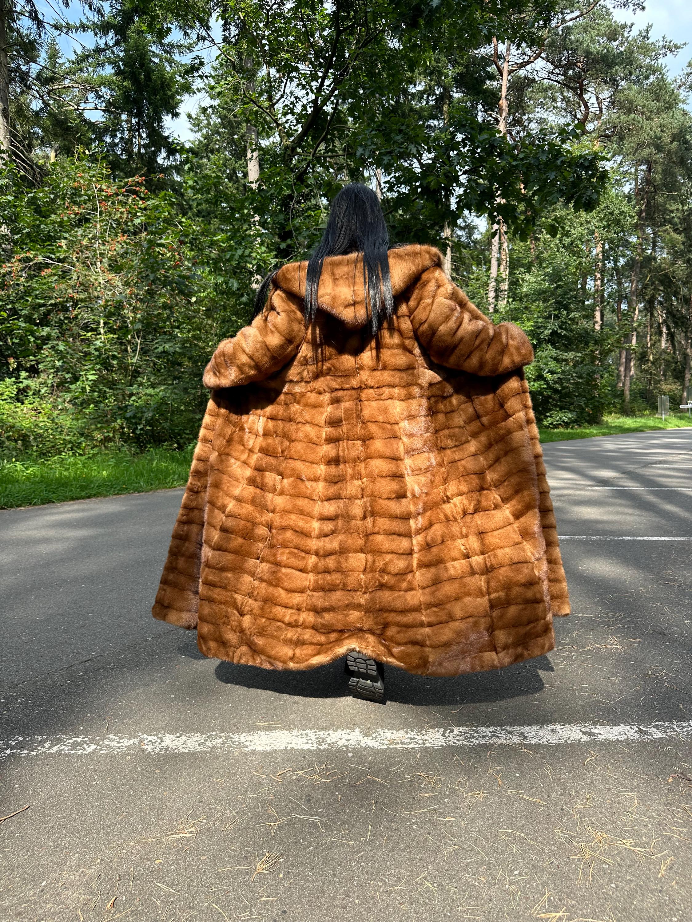 Elegant Full-length Golden Mink Fur Coat With Hood Premium Quality ...