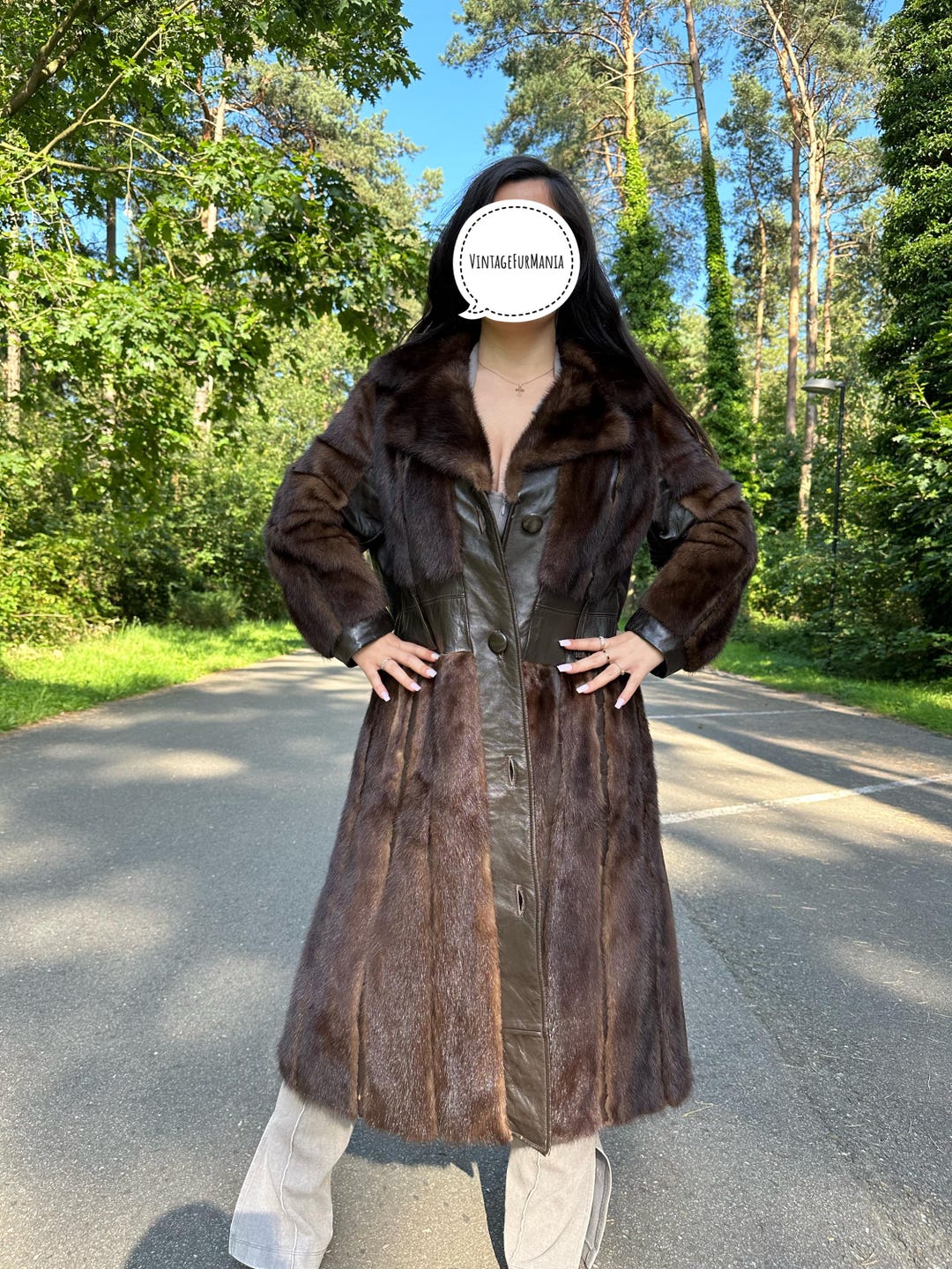 Brown Leather & Mink Fur Coat Large Size, Excellent Condition, Elegant ...