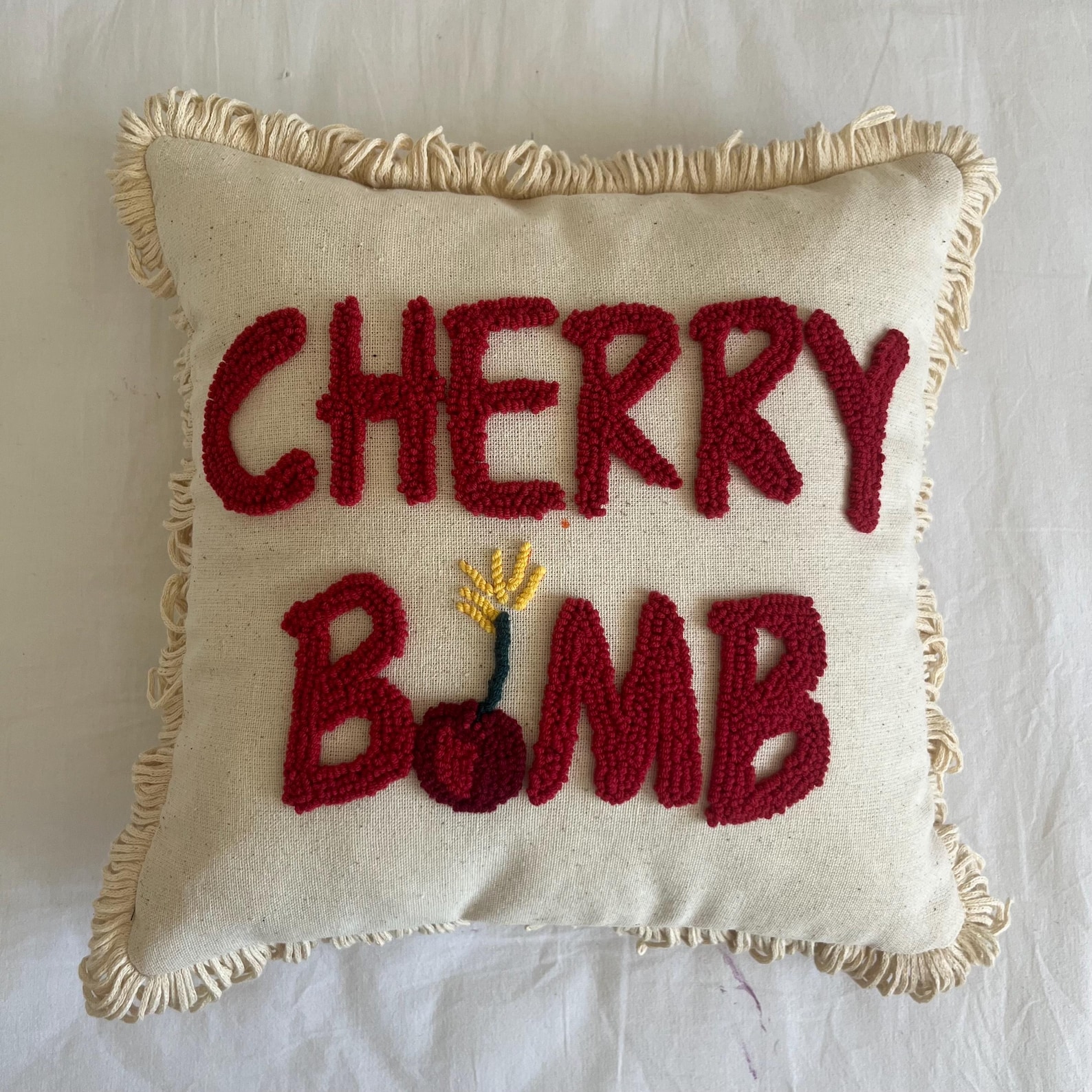 Cherry Bomb Punch Needle Pillow – Handmade Red Cherry Decorative ...