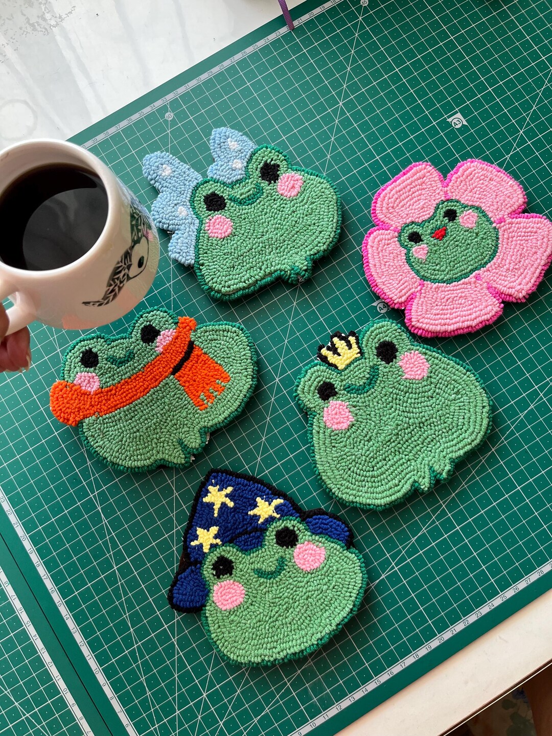 Handmade Punch Needle Frog Coaster – Cottagecore Mug Rug, Green Toad ...