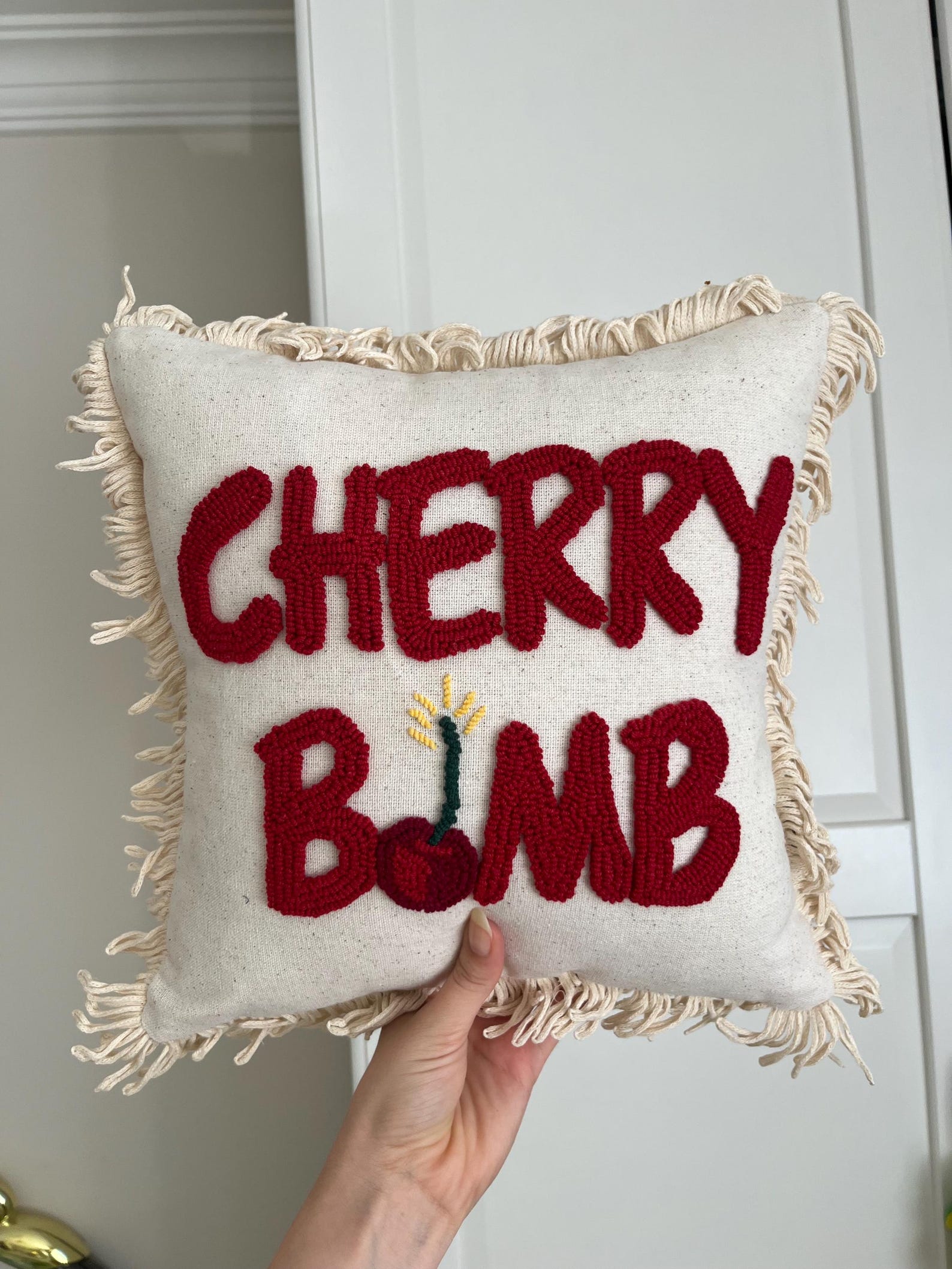 Cherry Bomb Punch Needle Pillow – Handmade Red Cherry Decorative ...