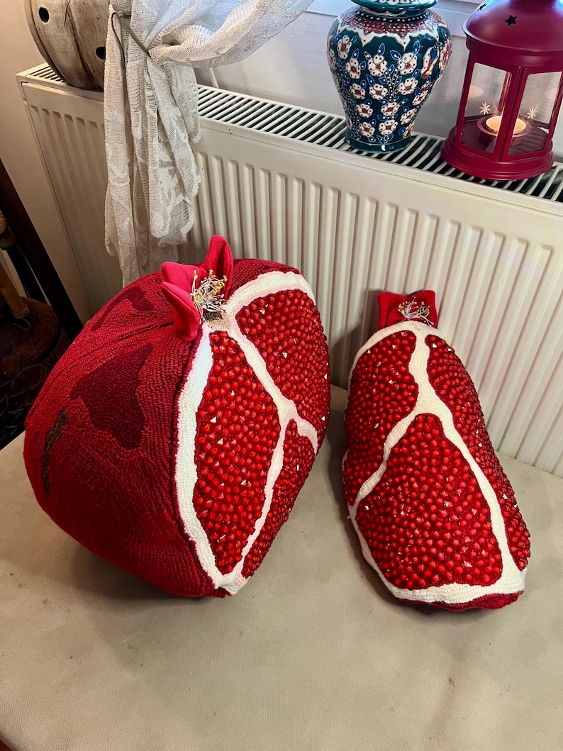 Handmade Punch Needle Beaded Pomegranate Pillow – Symbol of Abundance ...