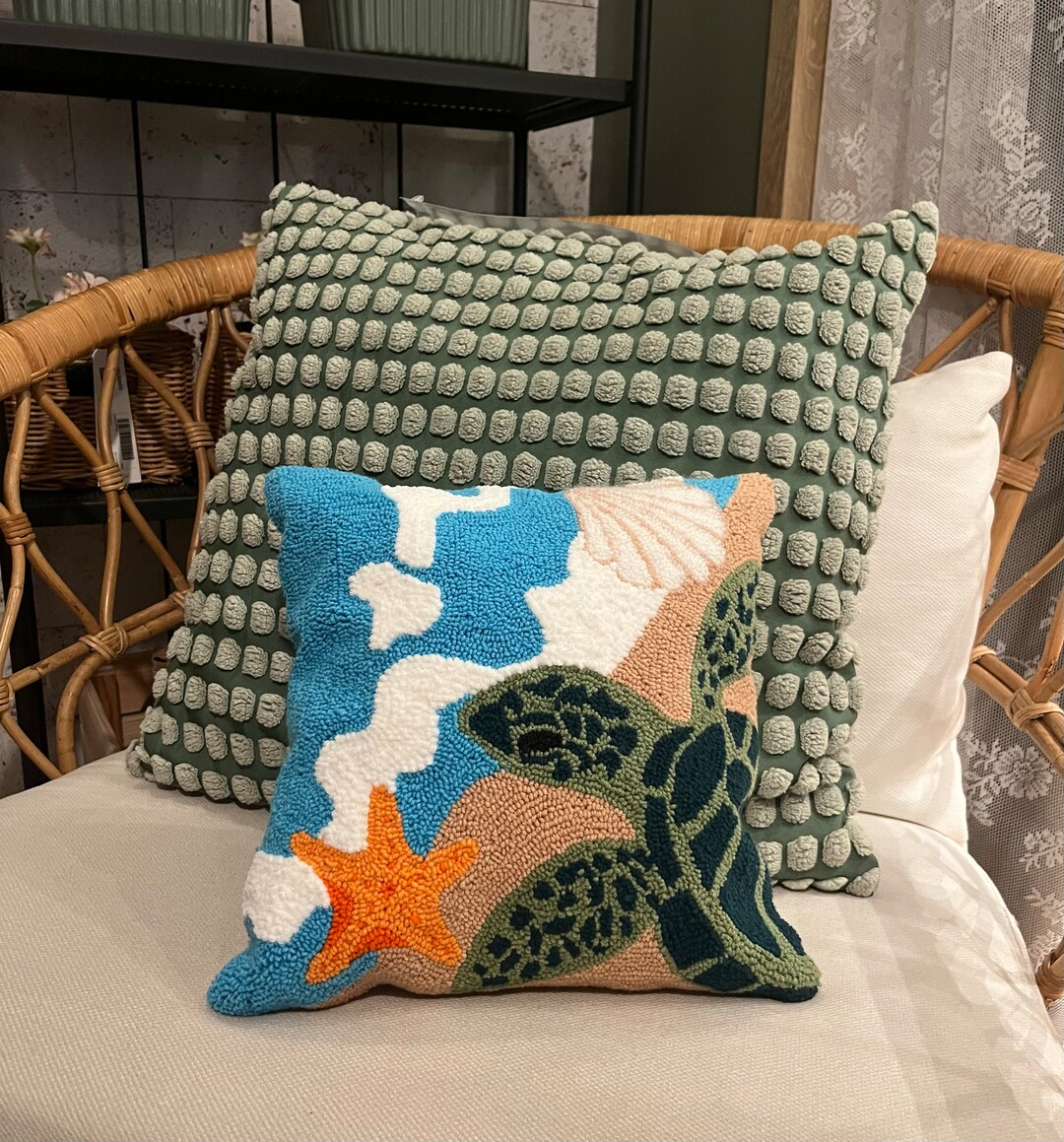 Handmade Sea Turtle Punch Needle Pillow: Coastal Nautical Decor - Etsy