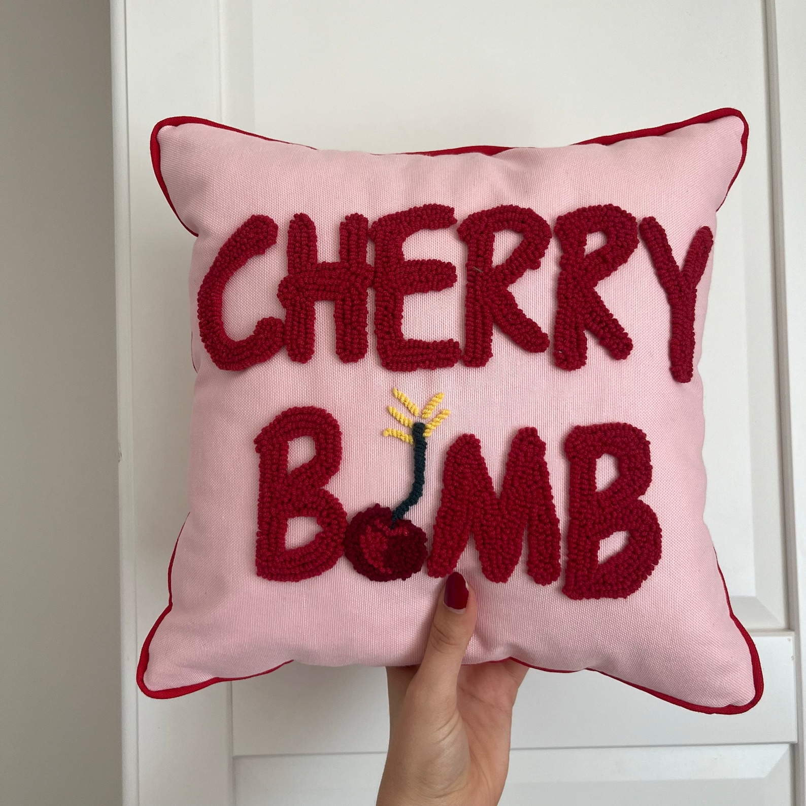 Cherry Bomb Punch Needle Pillow – Handmade Red Cherry Decorative ...