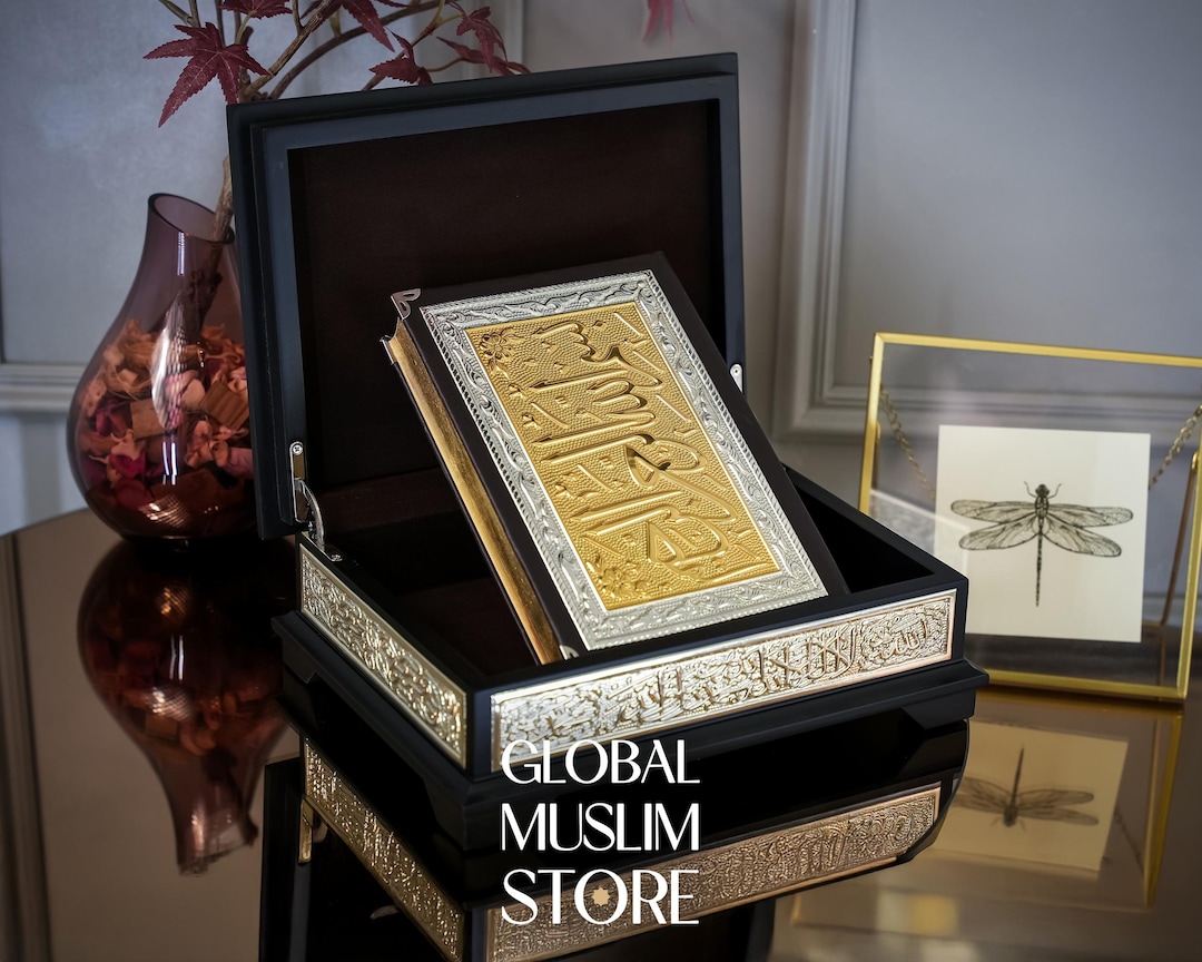 Solid Wood Silver Inlay Decorative Quran Case and the Holy Quran, Quran ...