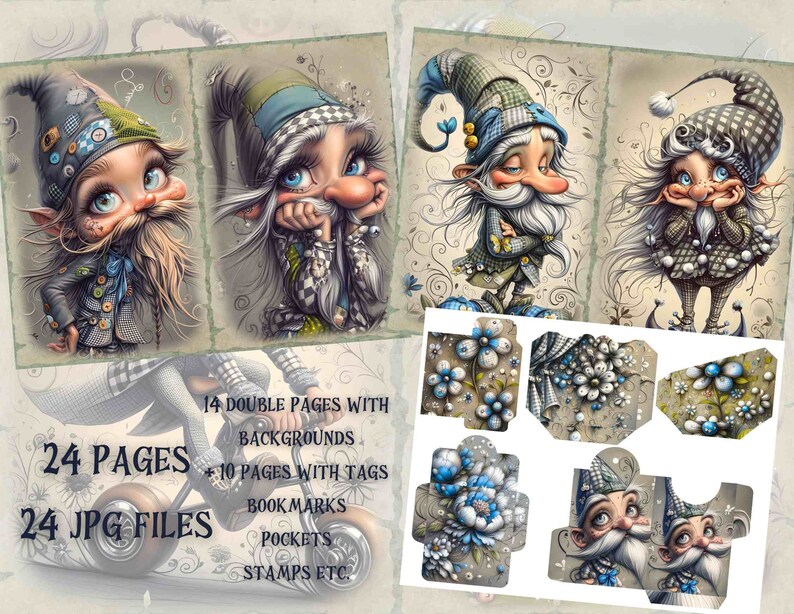 Patchwork Gnomes Junk Journal Supplies Vintage Gnomes Scrapbook Digital Printable Pages Gnomes ...