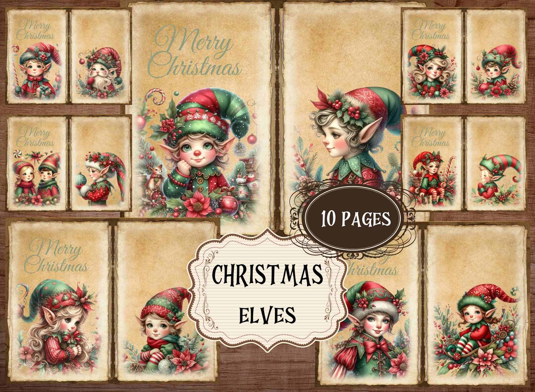 Watercolor Christmas Elves: Vintage Junk Journal Papers (digital ...