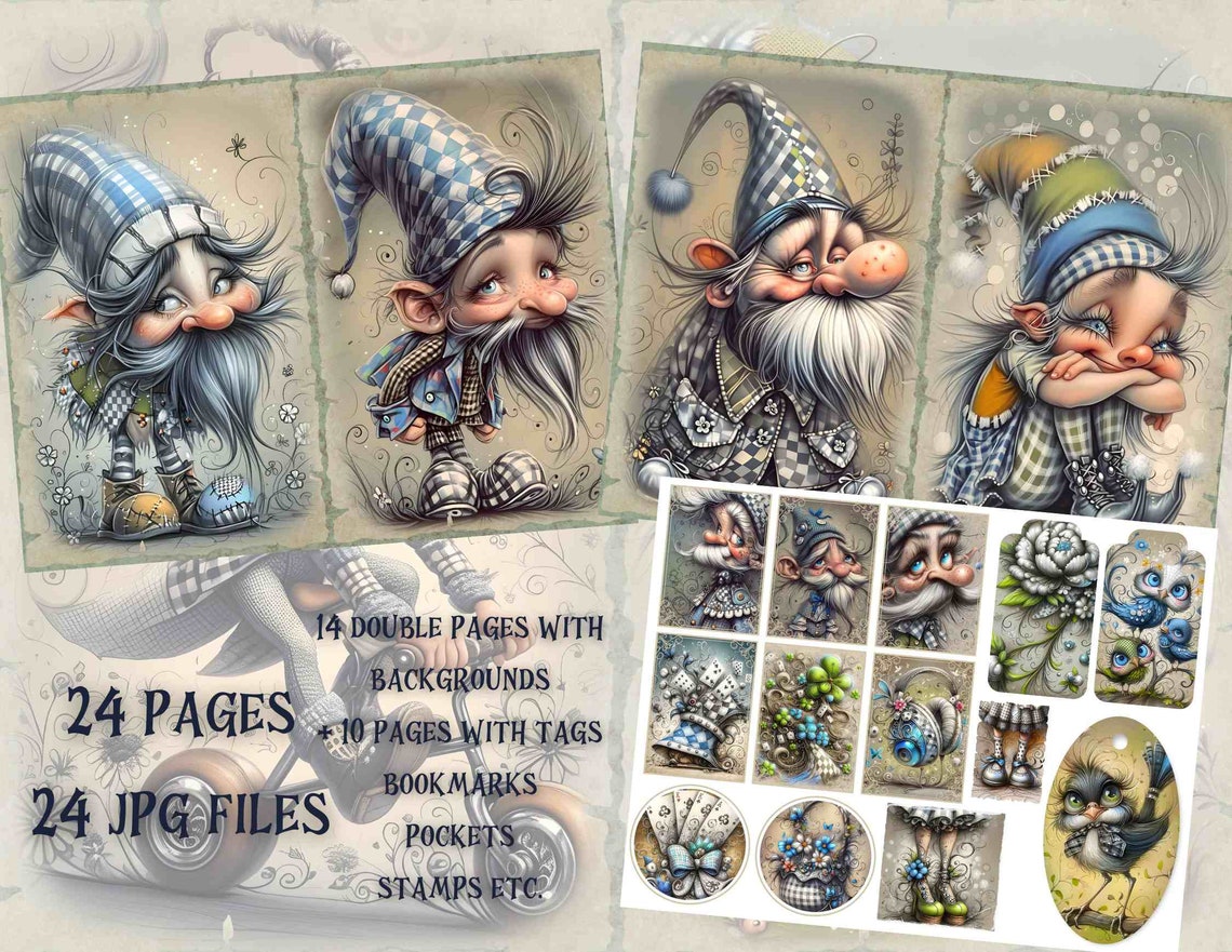 Patchwork Gnomes Junk Journal Supplies Vintage Gnomes Scrapbook Digital Printable Pages Gnomes ...