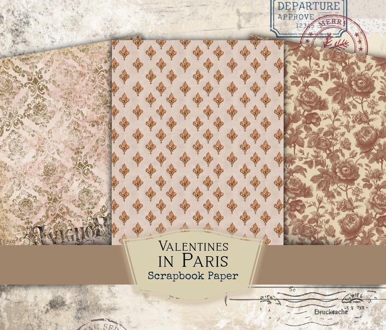 Valentines in Paris Scrapbook Paper Set - Pink Beige Ephemera Collage ...