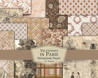 Valentines in Paris Scrapbook Paper Set - Pink Beige Ephemera Collage ...
