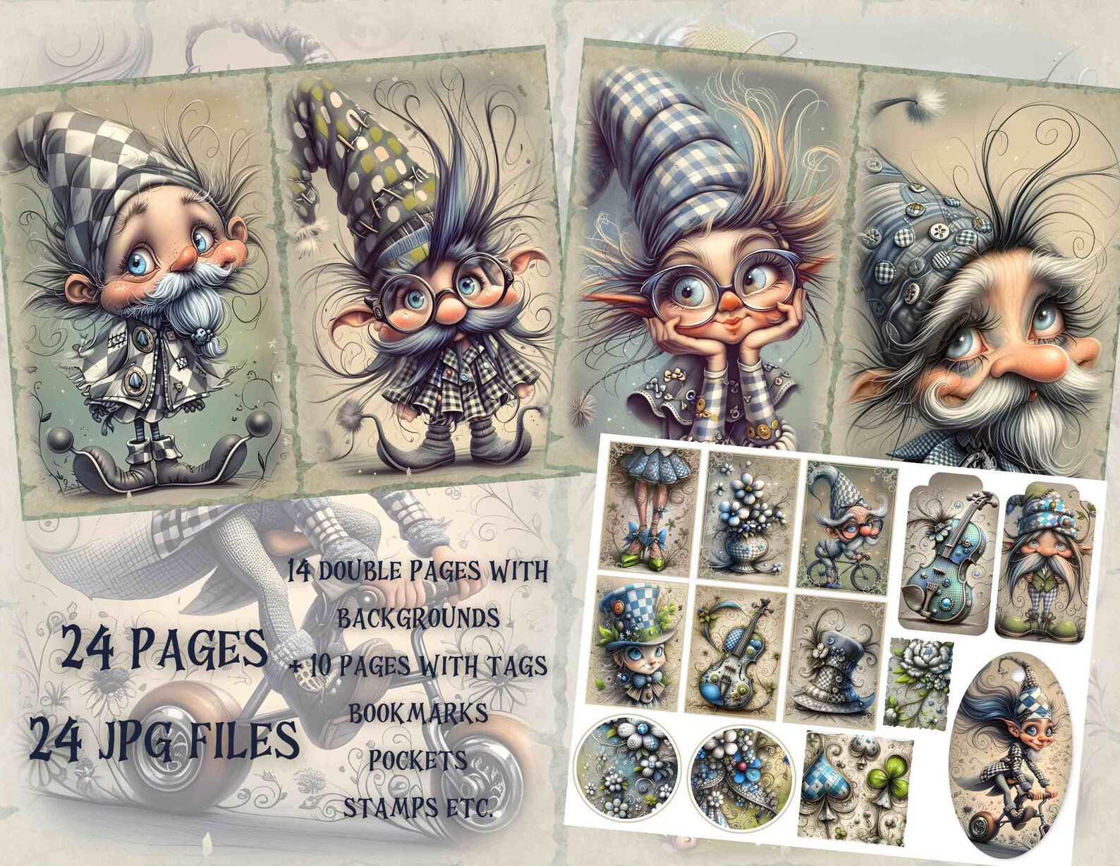 Patchwork Gnomes Junk Journal Supplies Vintage Gnomes Scrapbook Digital Printable Pages Gnomes ...
