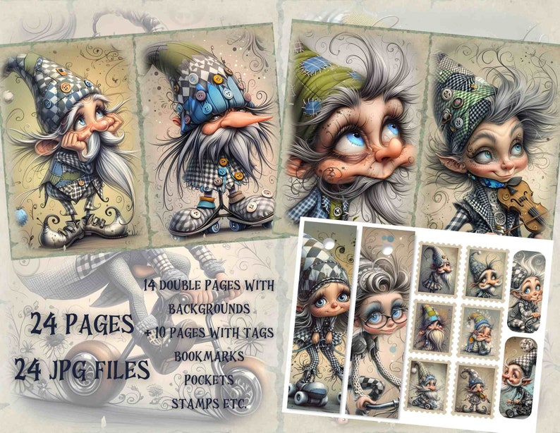 Patchwork Gnomes Junk Journal Supplies Vintage Gnomes Scrapbook Digital Printable Pages Gnomes ...