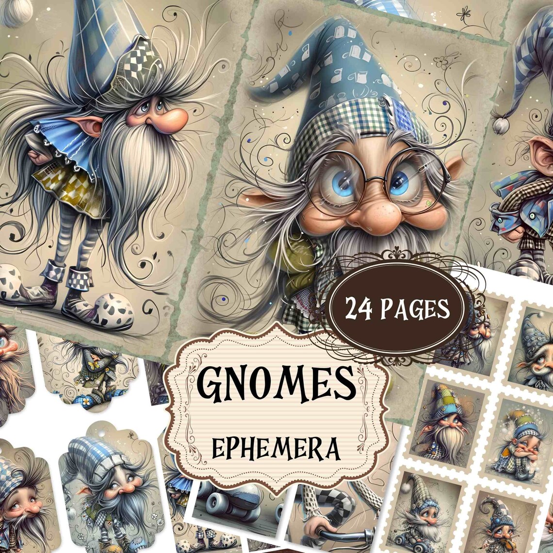 Patchwork Gnomes Junk Journal Supplies Vintage Gnomes Scrapbook Digital Printable Pages Gnomes ...