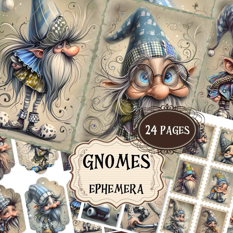 Patchwork Gnomes Junk Journal Supplies Vintage Gnomes Scrapbook Digital Printable Pages Gnomes ...