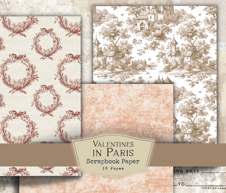 Valentines in Paris Scrapbook Paper Set - Pink Beige Ephemera Collage ...