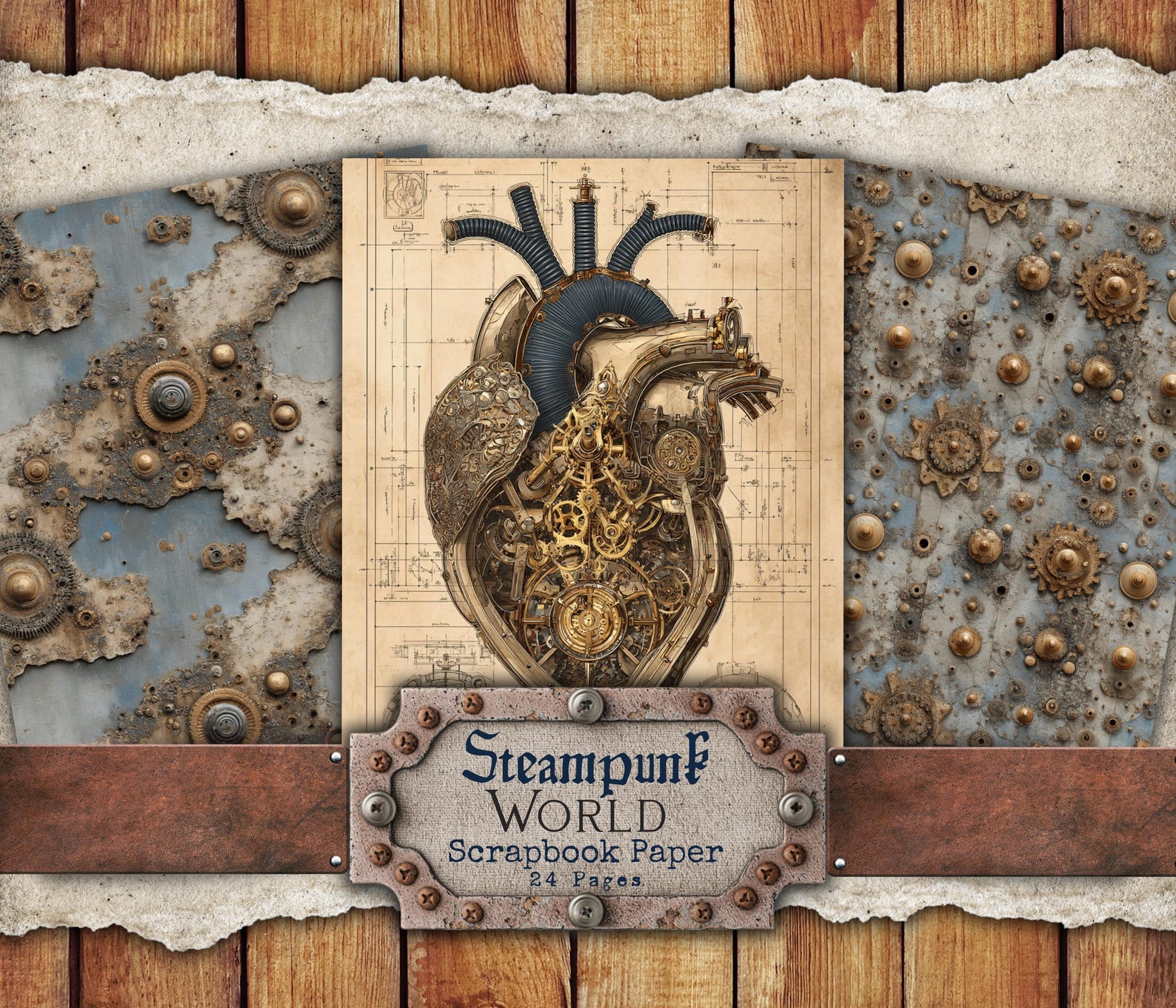Vintage Steampunk Scrapbook Paper – Blue Beige Junk Journal (digital ...