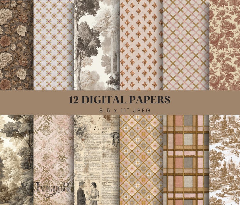 Valentines in Paris Scrapbook Paper Set - Pink Beige Ephemera Collage ...