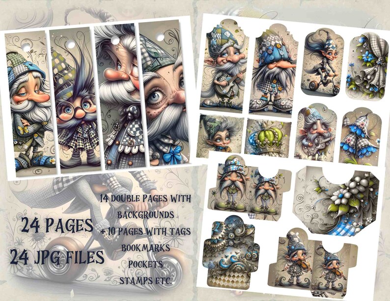 Patchwork Gnomes Junk Journal Supplies Vintage Gnomes Scrapbook Digital Printable Pages Gnomes ...