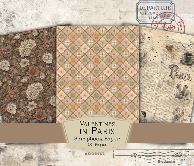 Valentines in Paris Scrapbook Paper Set - Pink Beige Ephemera Collage ...