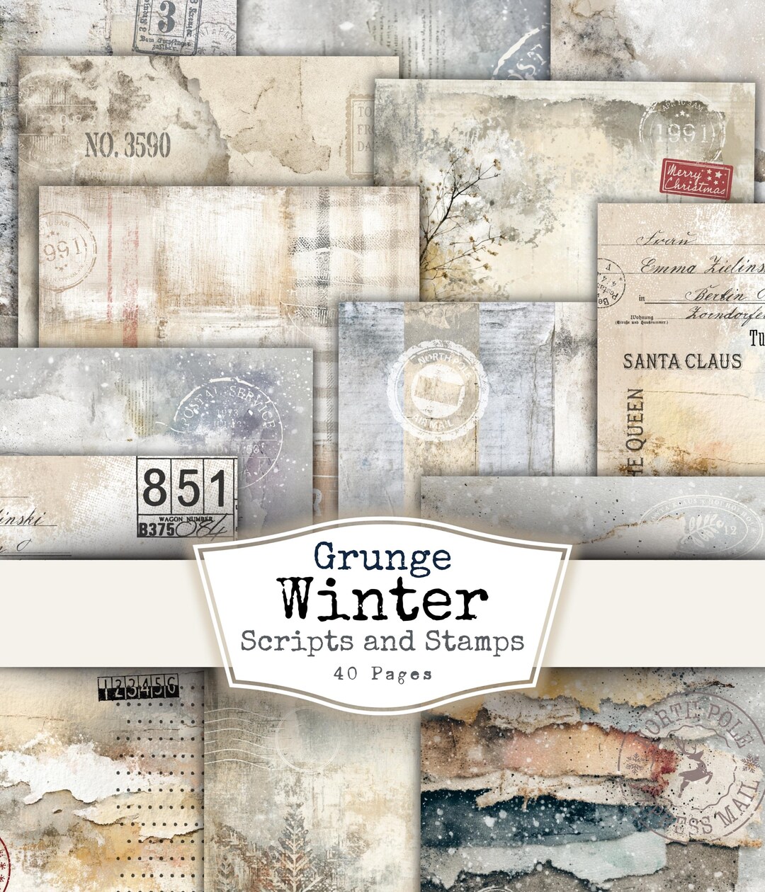 Grunge Winter Postal Ephemera, Vintage Scripts, Stamps (digital ...