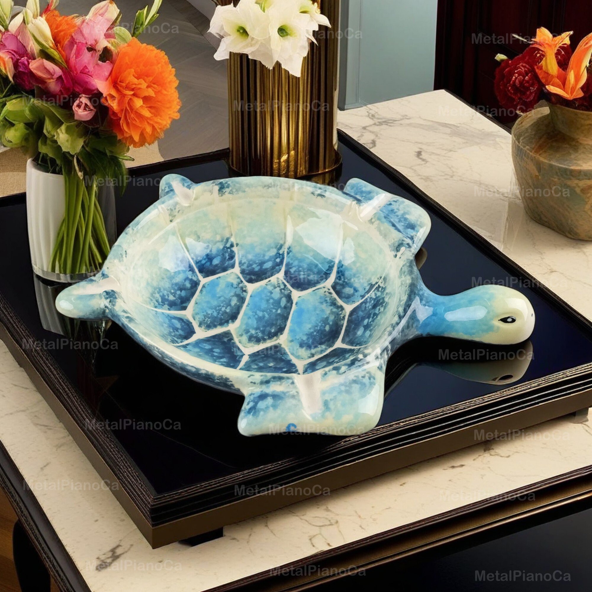 Vintage Blue Ceramic Turtle Ashtray, Large Simulated Turtle Key Storage ...